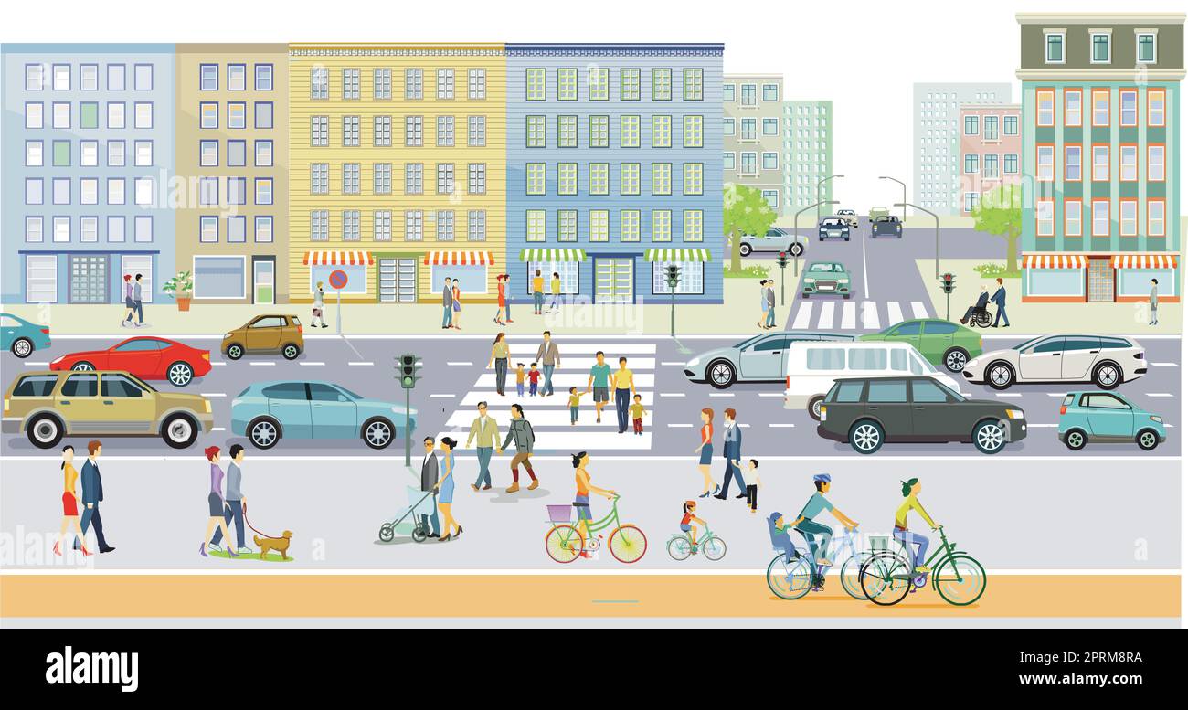 City silhouette with road traffic and pedestrians on the pedestrian ...