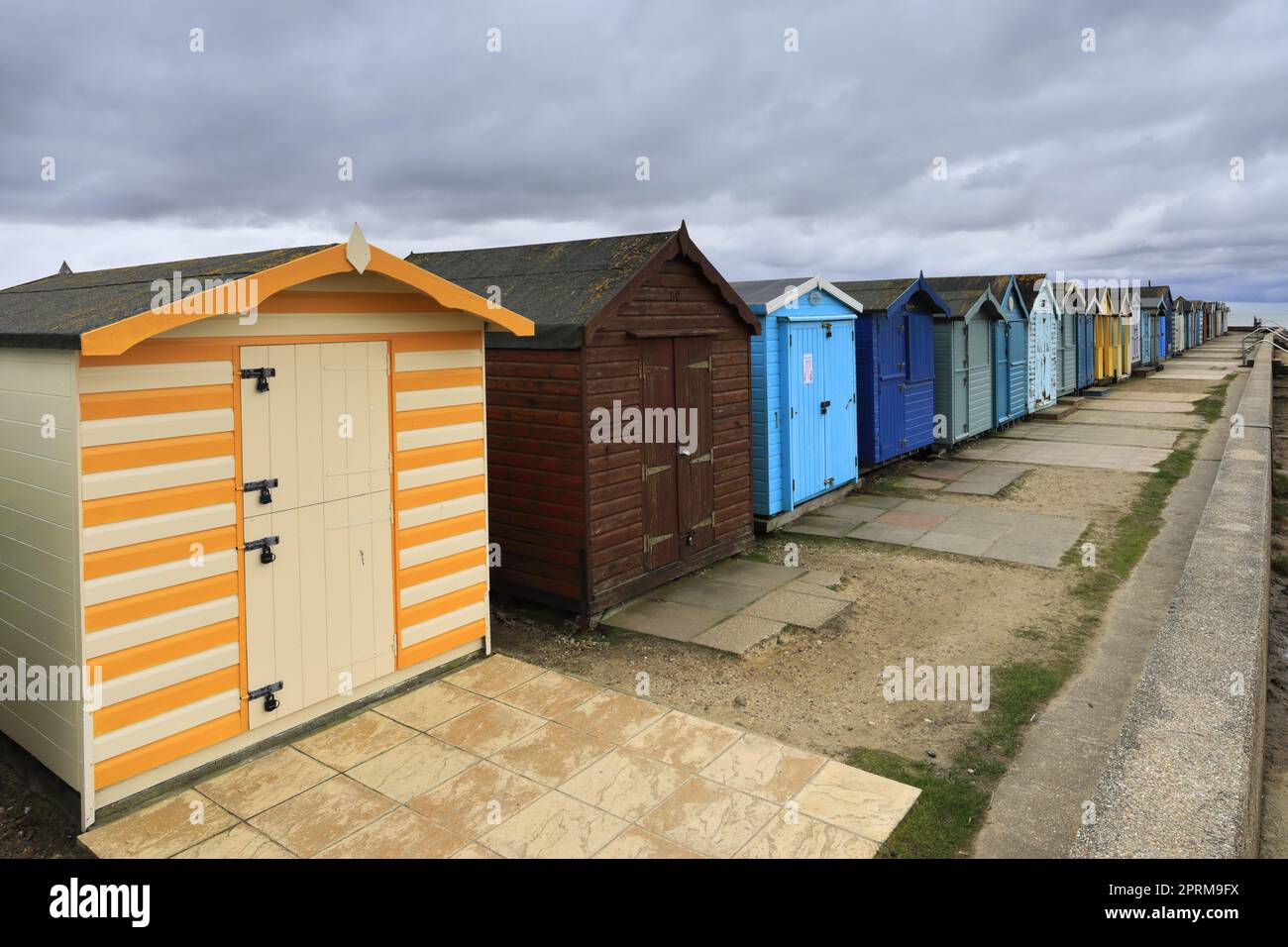 Beachuts on the promenade at Brightlingsea town, Essex, England, UK ...