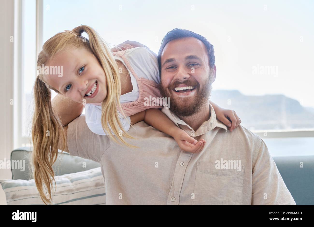 Love, father and girl being happy, smile and bonding doing hug, embrace ...