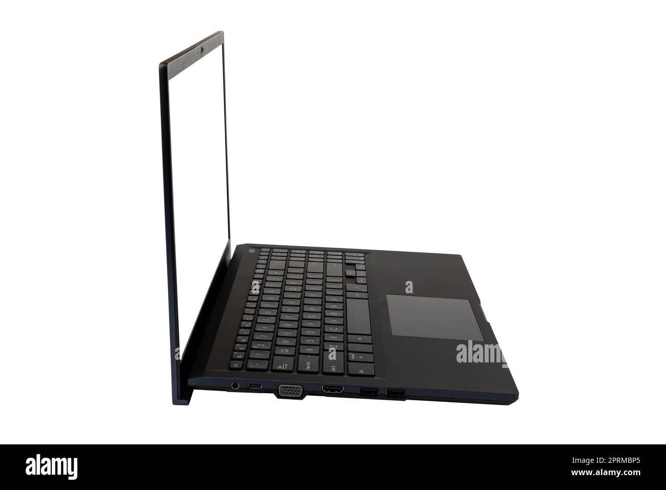 Modern black laptop with blank screen isolated on white background ...