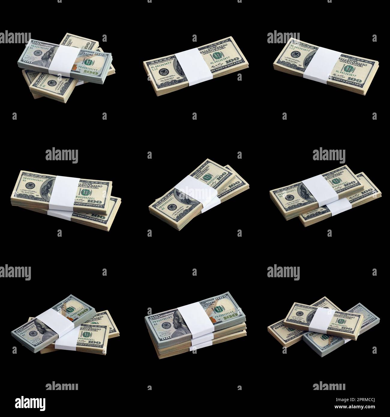 Big set of bundles of US dollar bills isolated on black. Collage with ...