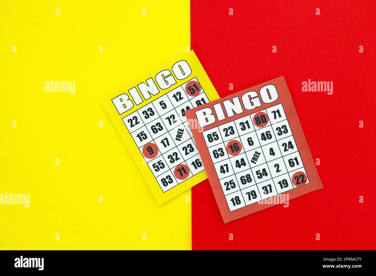 Yellow and red bingo boards or playing cards for winning chips. Classic ...