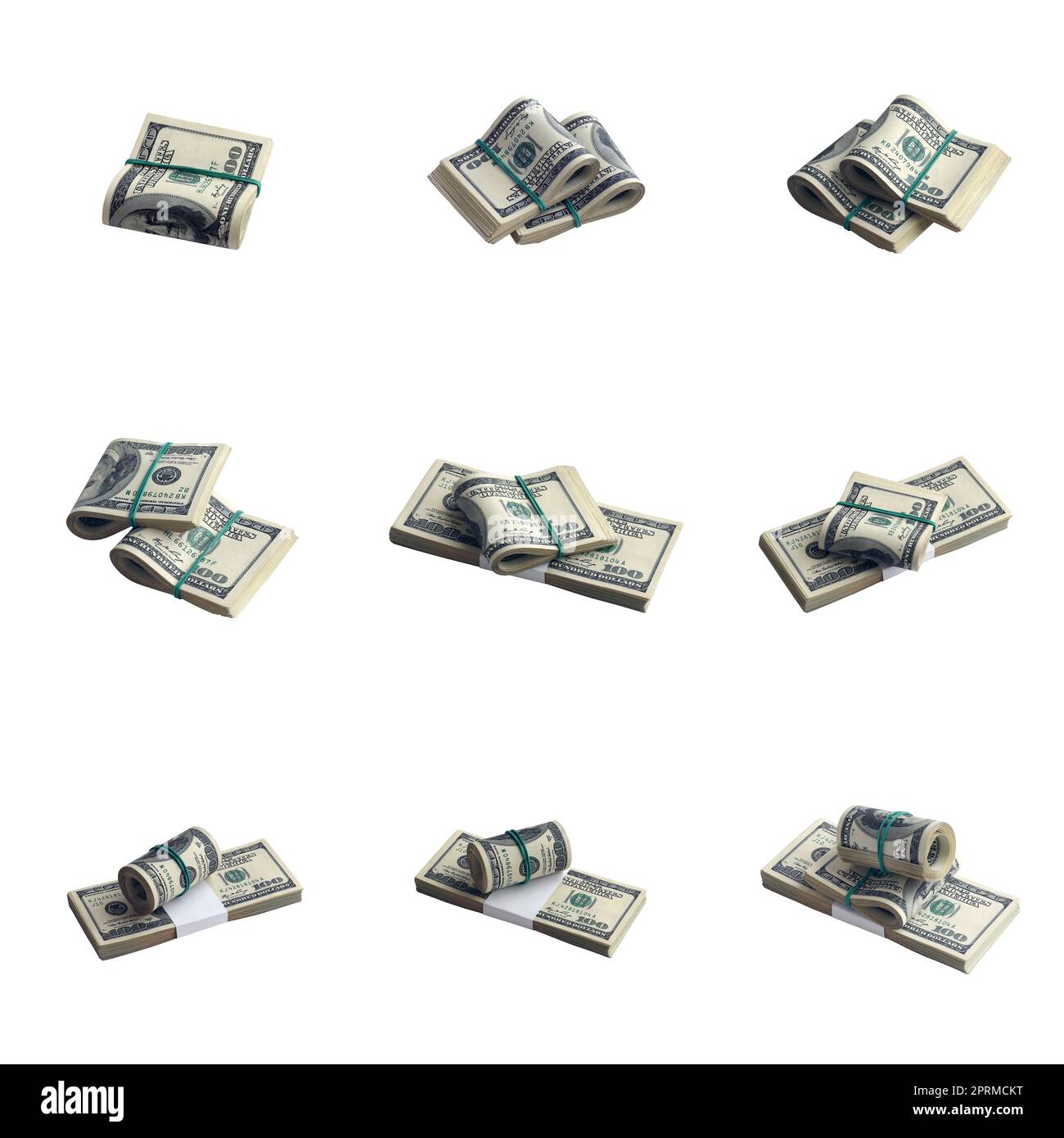Big set of bundles of US dollar bills isolated on white. Collage with ...