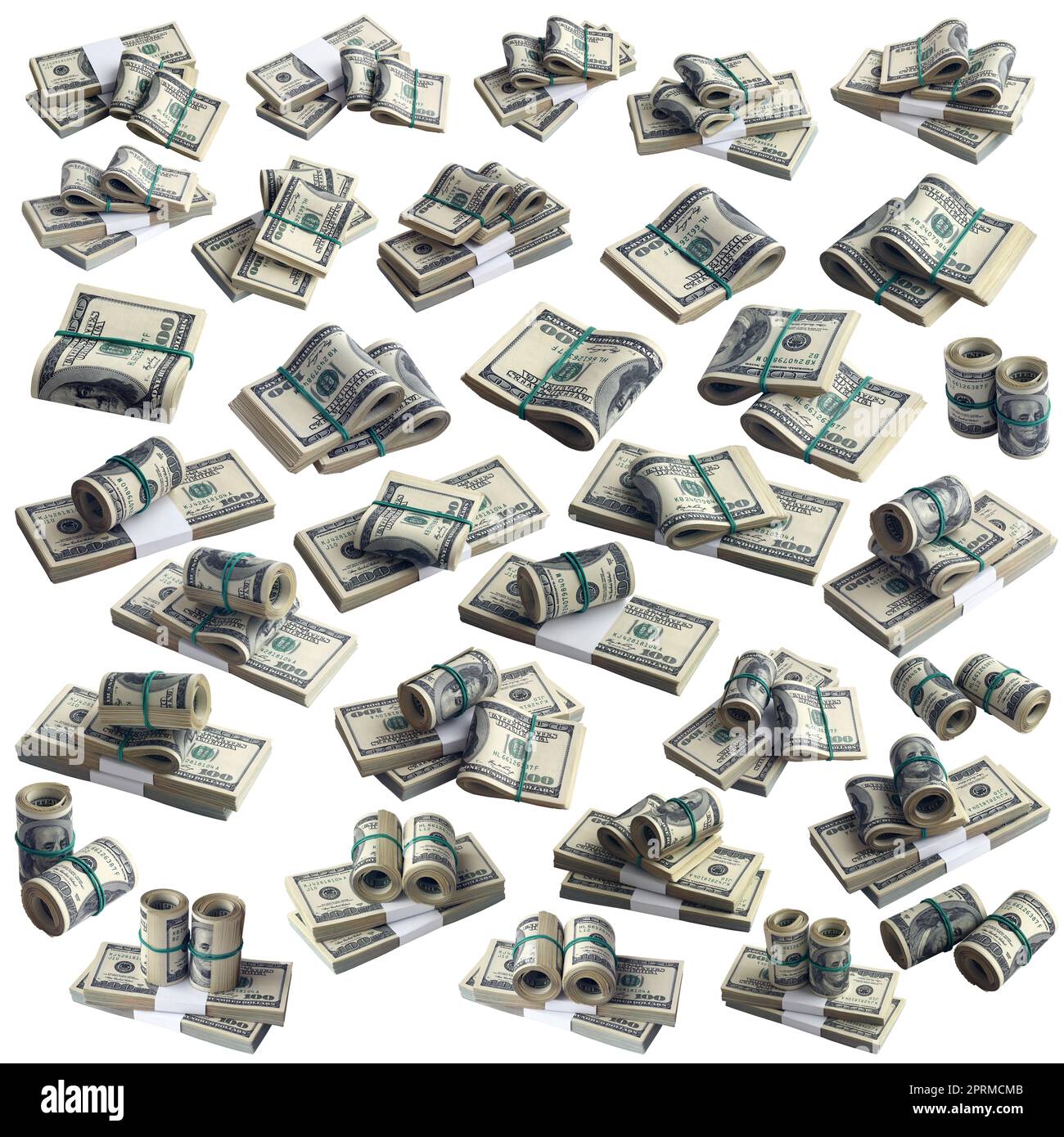 Big set of bundles of US dollar bills isolated on white. Collage with ...