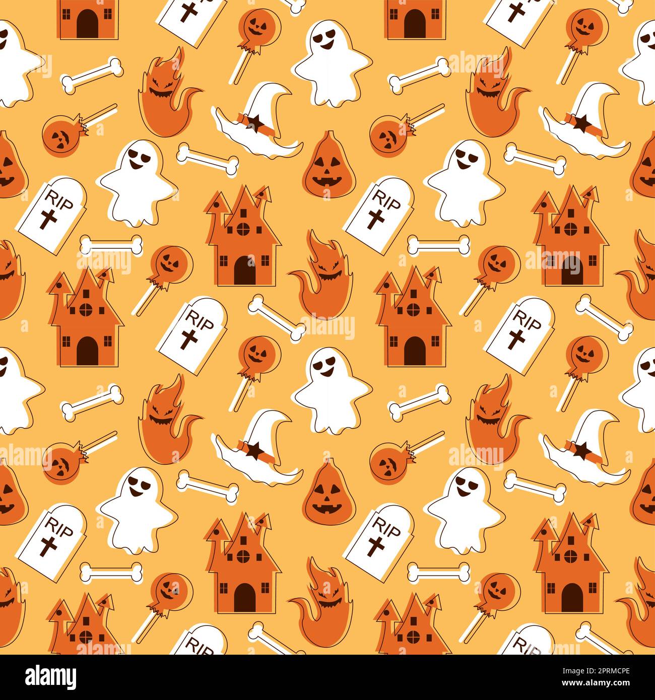 Halloween Seamless Pattern Design With Witch, Haunted House, Pumpkins ...