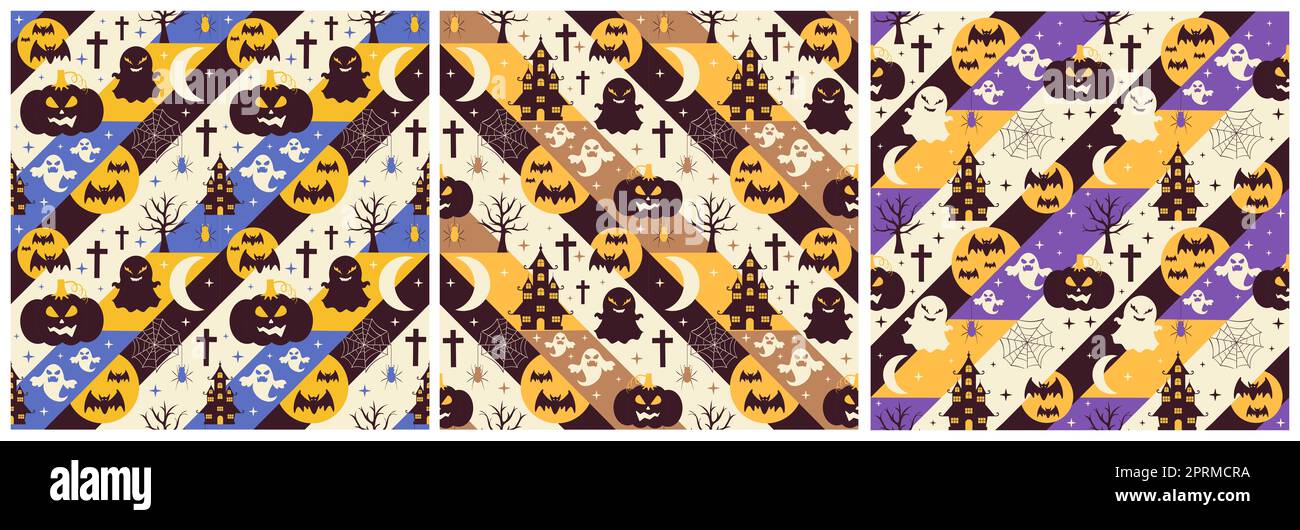 Set of Halloween Seamless Pattern Design With Witch, Haunted House ...