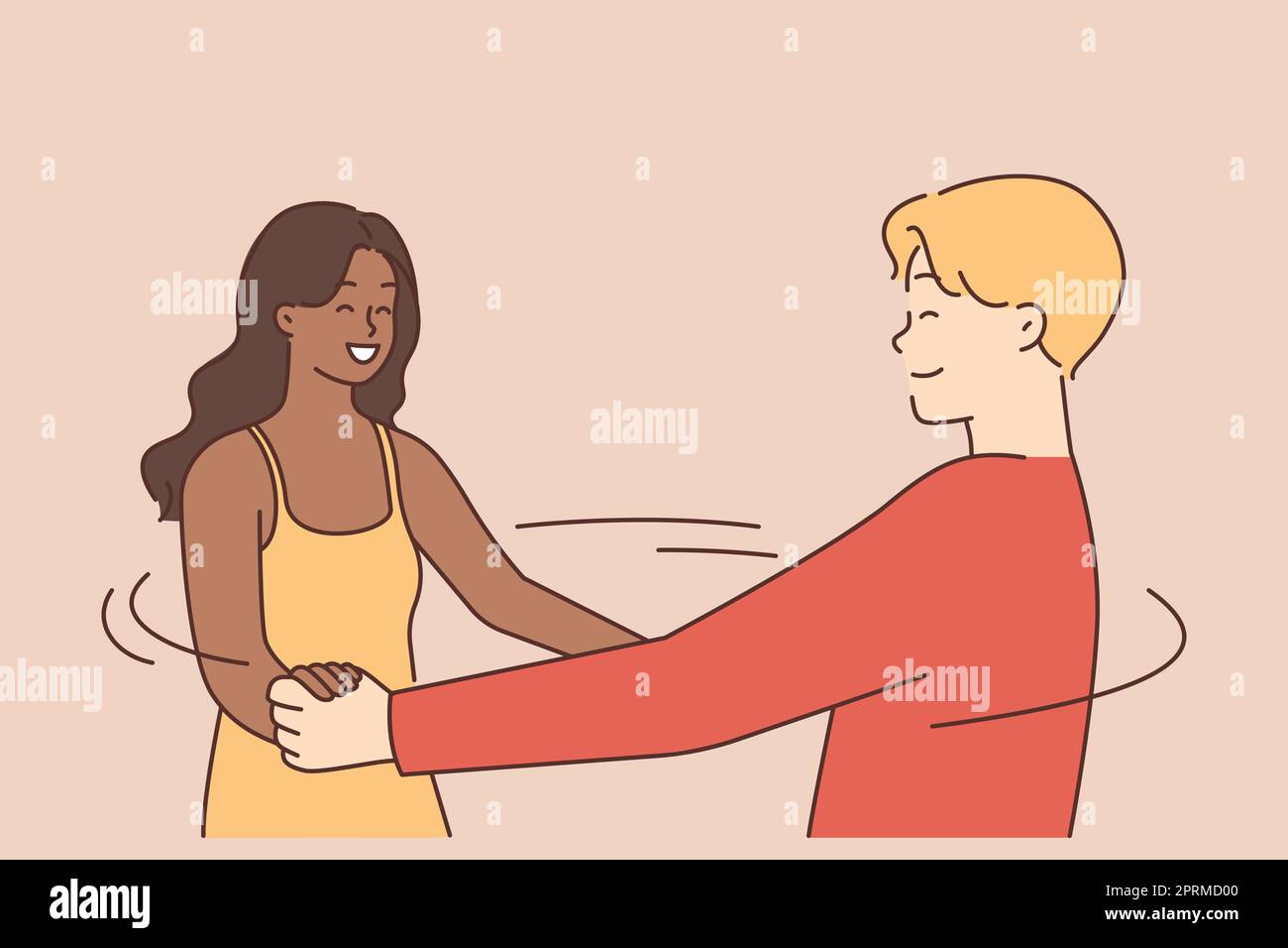 Happy multiethnic couple hold hands dancing together. Smiling ...