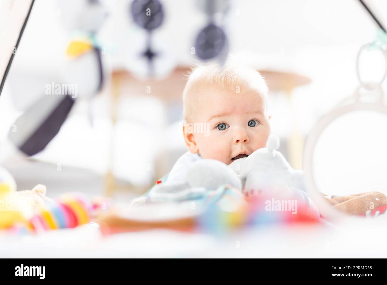 Cute baby boy playing with hanging toys arch on mat at home Baby ...
