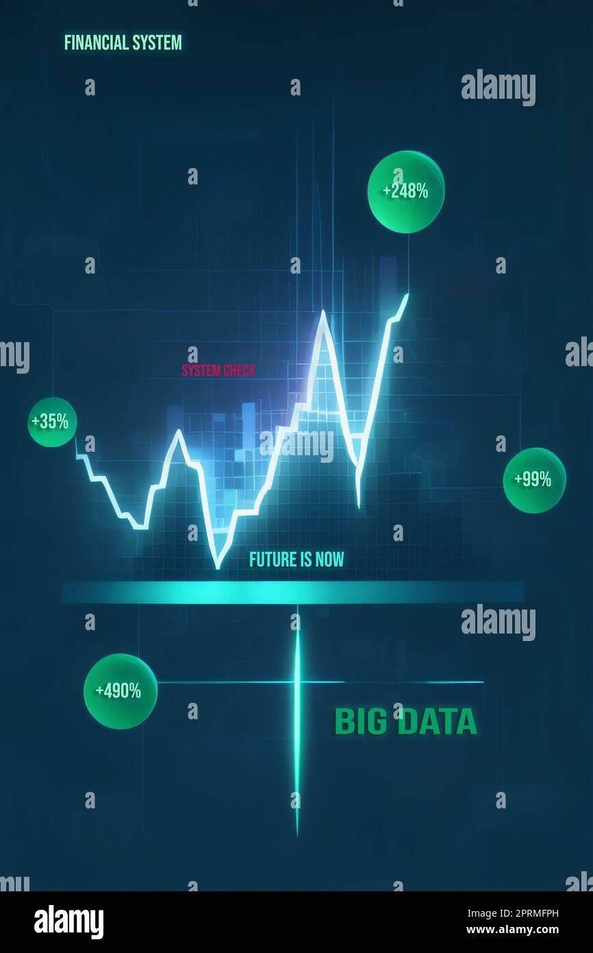 A vertical illustration of a financial graph with a series of green ...