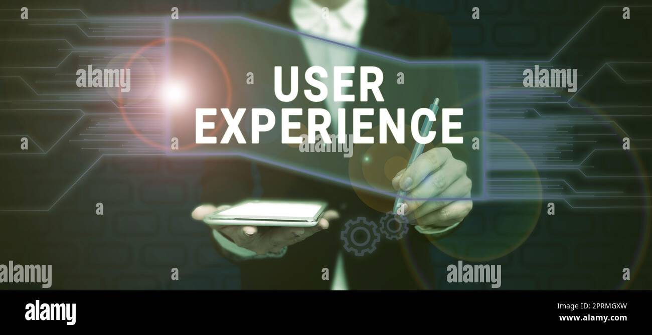 Text caption presenting User Experience, Business approach how a person reacts and feels after ...