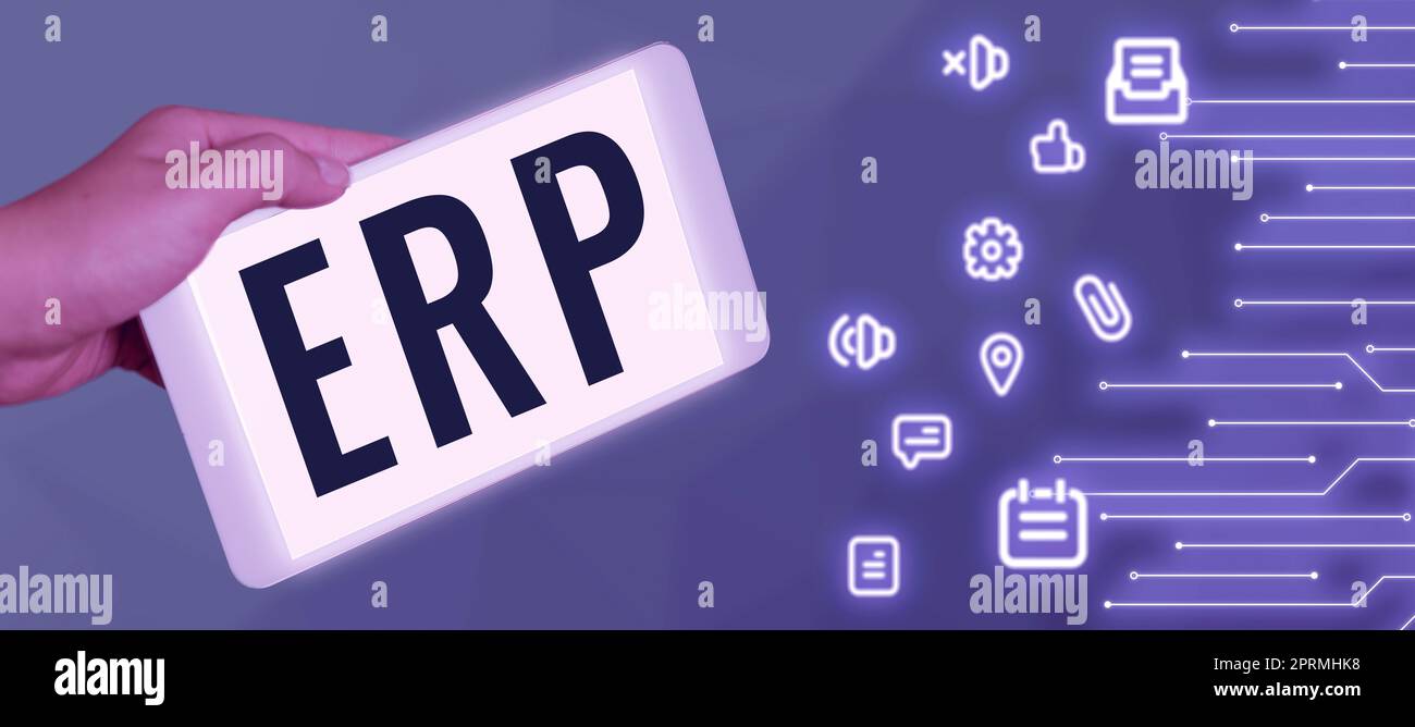 Text caption presenting Erp, Business overview enterprise resource planning centralized database ...
