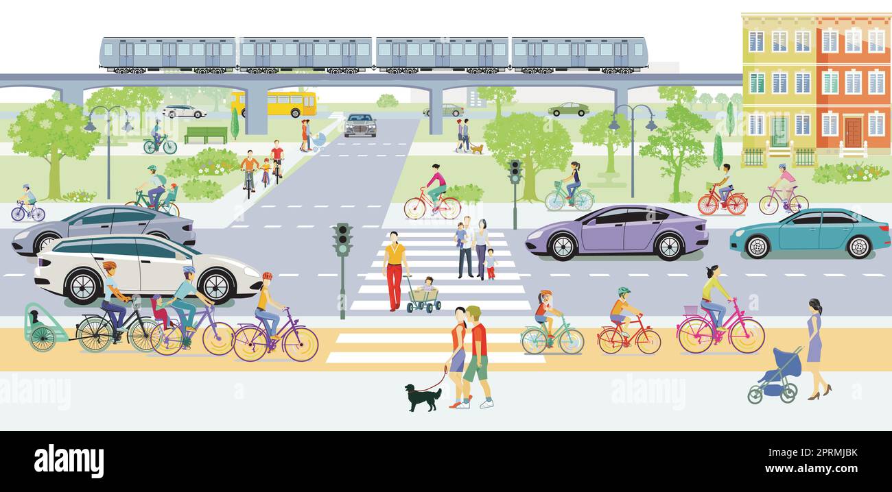 Road traffic and cyclists with pedestrians on the pedestrian crossing ...