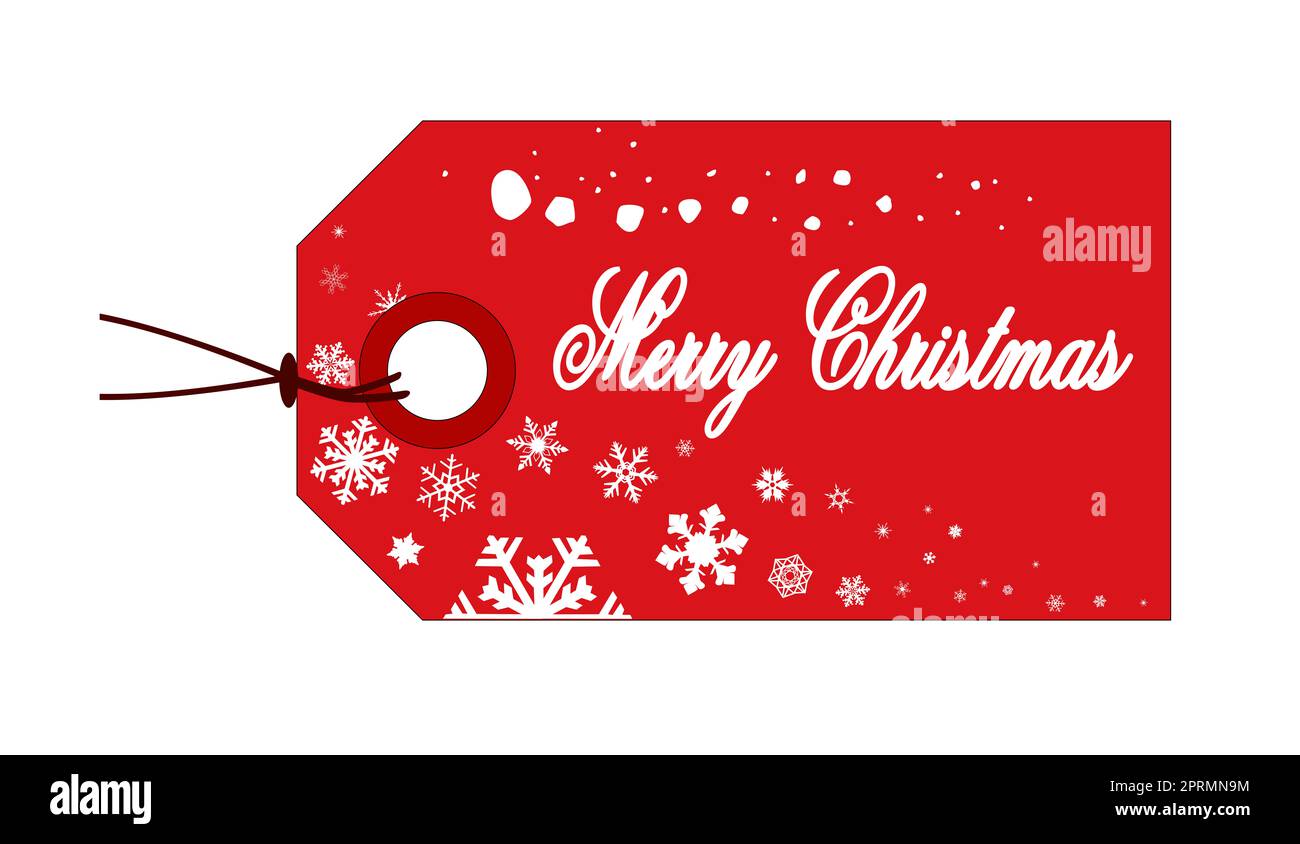 A merry christmas card tag in red with white on a white background ...