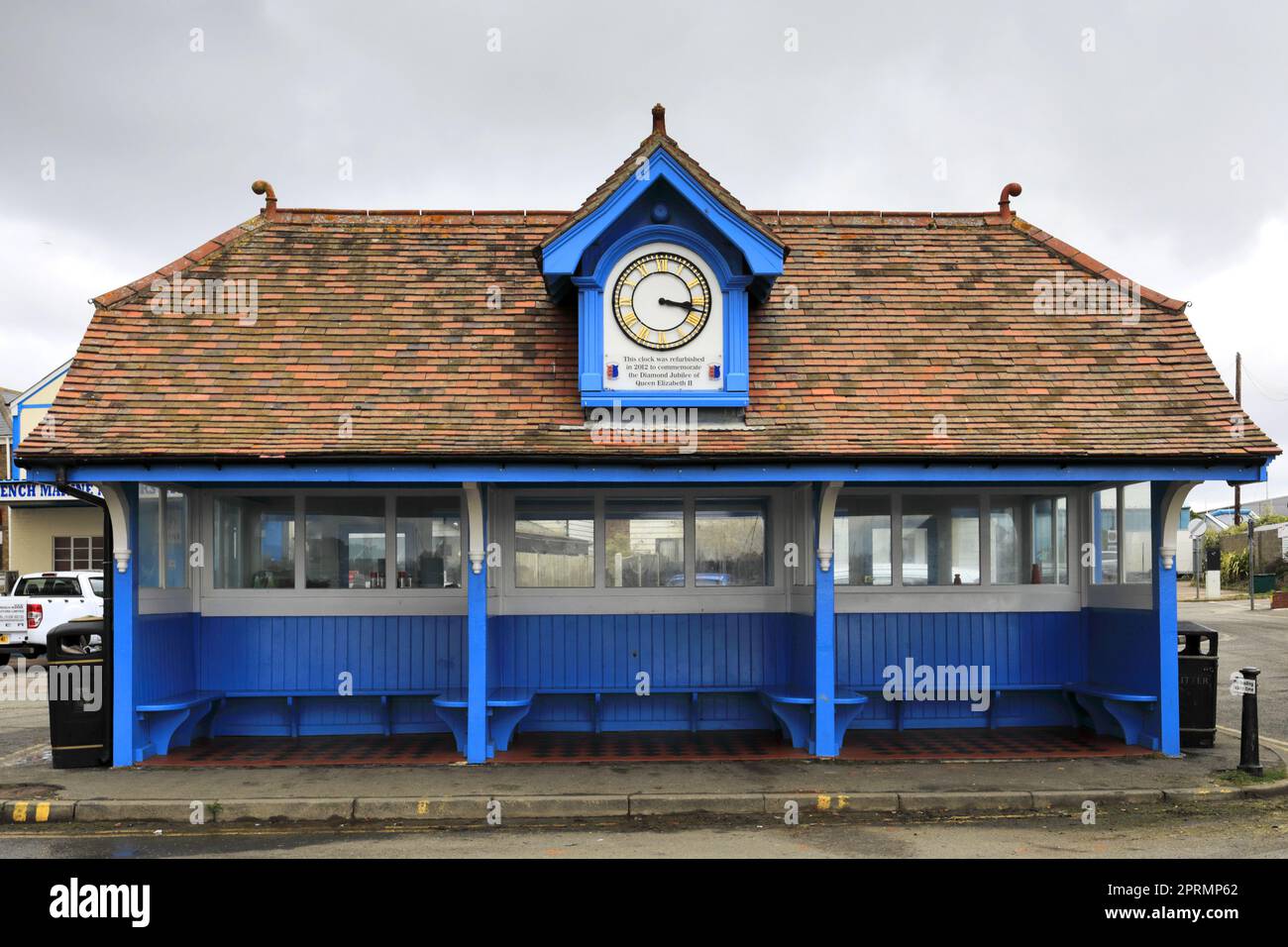 The old wooden bus stop on the promenade at Brightlingsea town, Essex ...