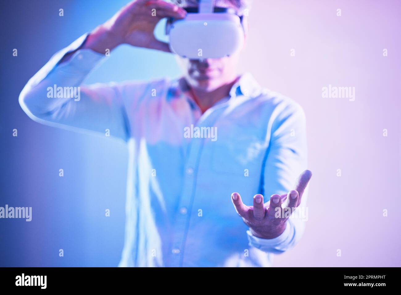 Metaverse headset, virtual reality and man hand holding cyber world ai ...