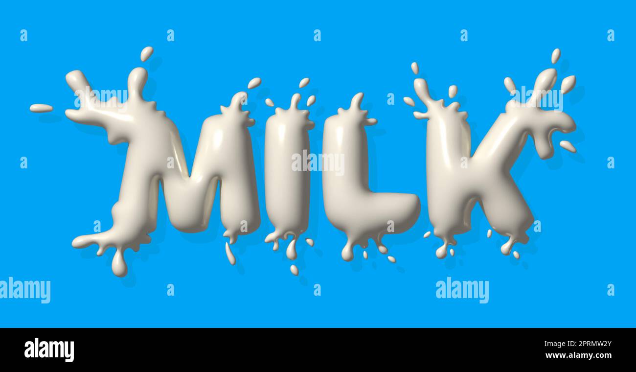 Text written with milk, splashes and drops. Stylish design for a brand ...
