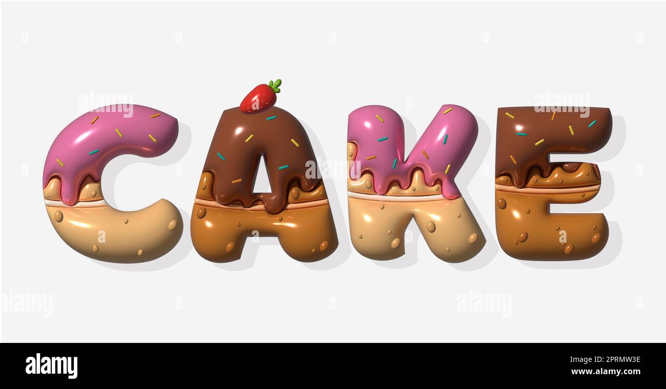 The inscription CAKE in the form of a fresh sweet cake on a white ...