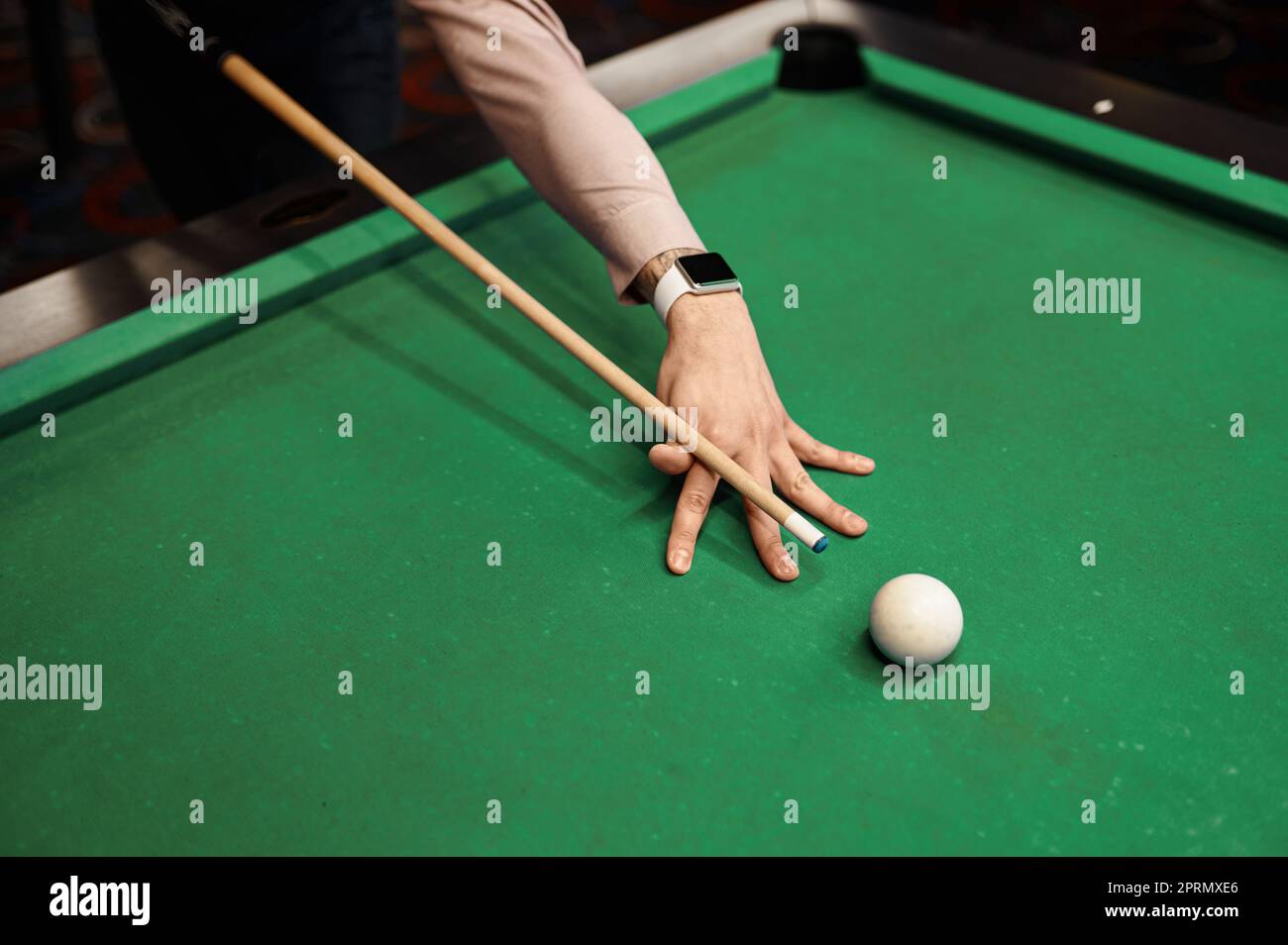 Closeup portrait of young man aiming with billiards cue Stock Photo - Alamy