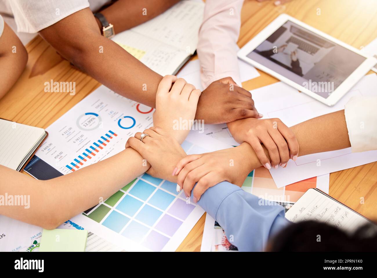 Team hands with teamwork, work support and community of office ...