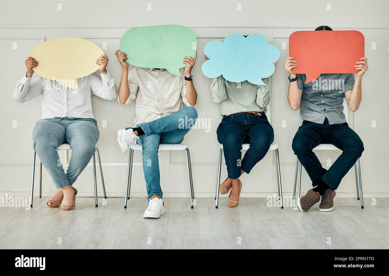 People, chair row and speech bubble opinion with audience at workshop ...