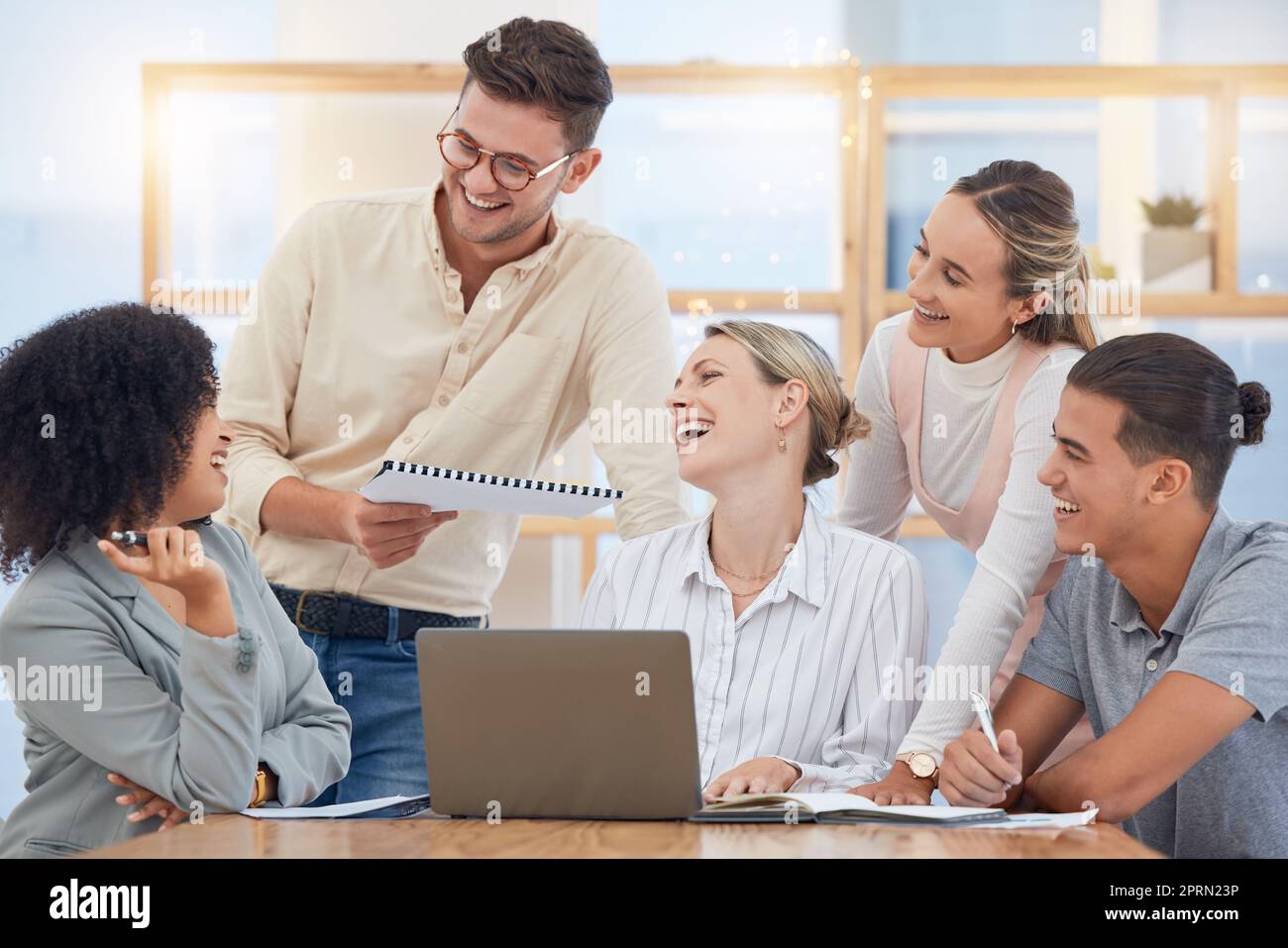 Teamwork, collaboration and funny business meeting with happy ...