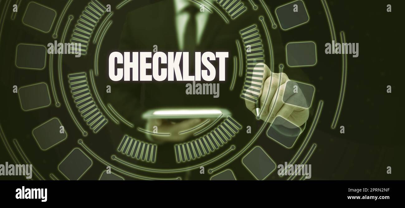 Text sign showing Checklist, Business overview List down of the ...
