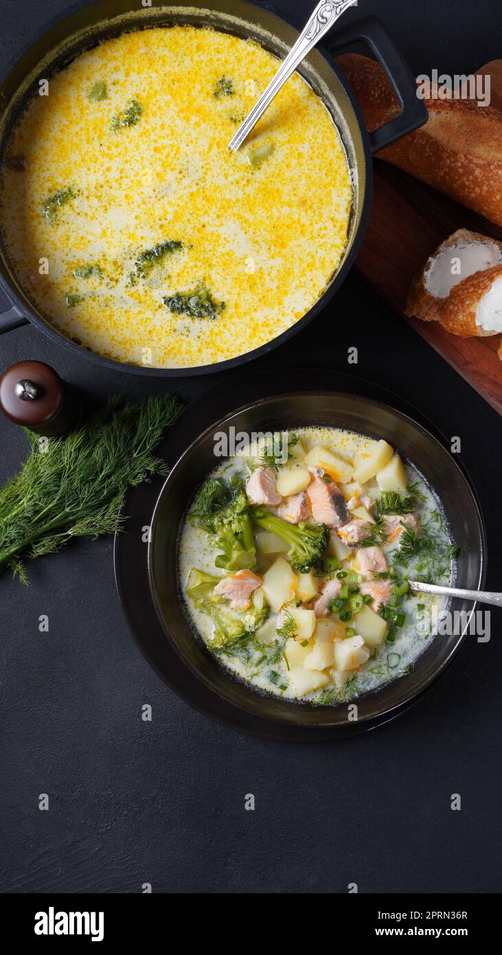 Creamy fish soup with salmon, potatoes, onions , carrots, dill and ...