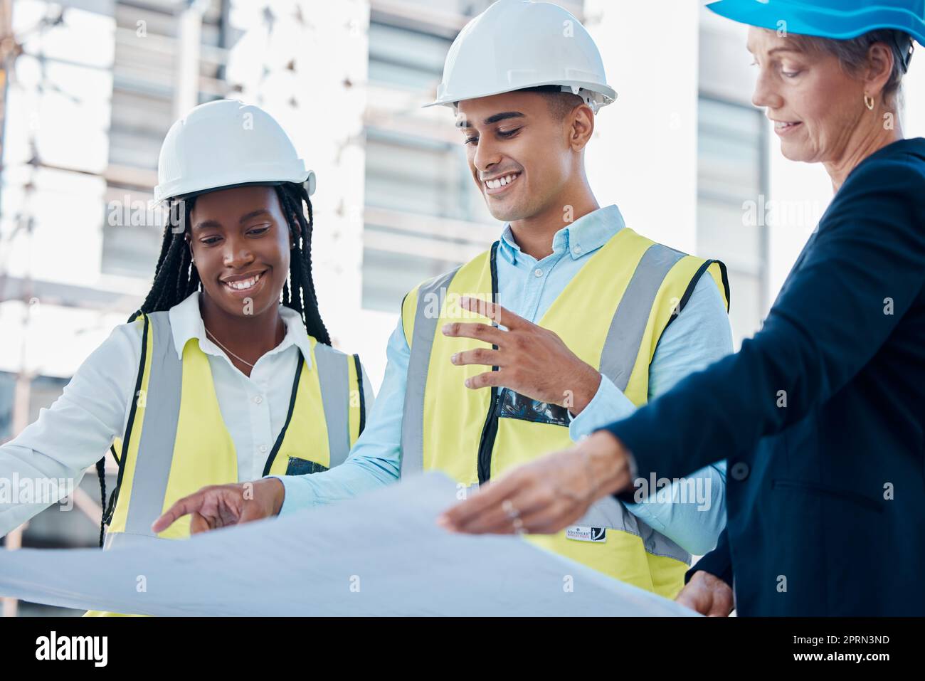 Man, women and architecture blueprint for building engineering, real estate innovation or ...