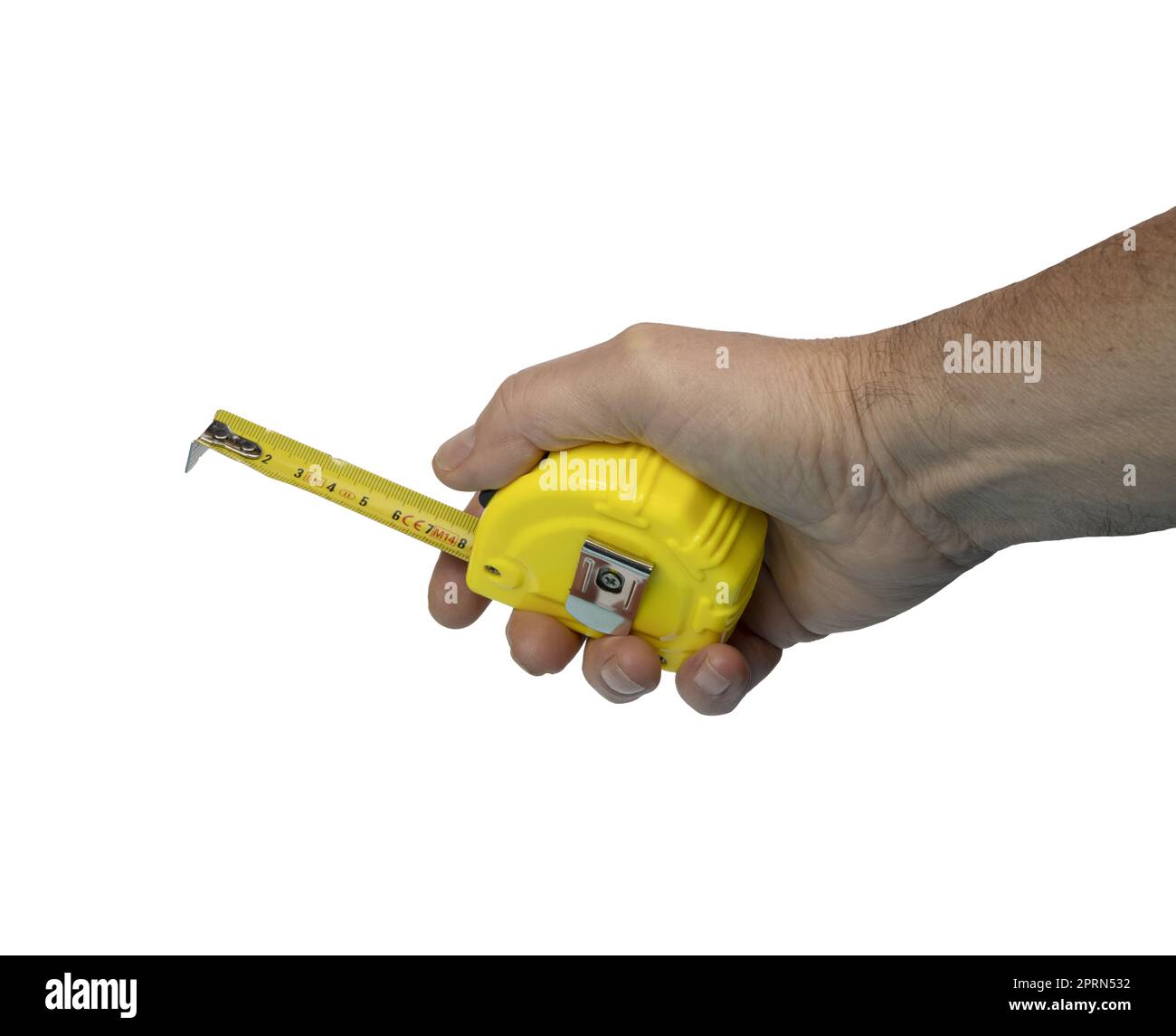 a male hand with a flexible measuring tape on a transparent background ...
