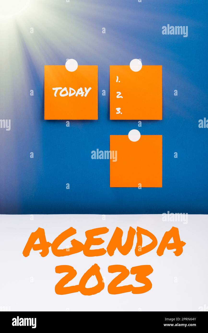 Text sign showing Agenda 2023, Business overview list of activities in ...