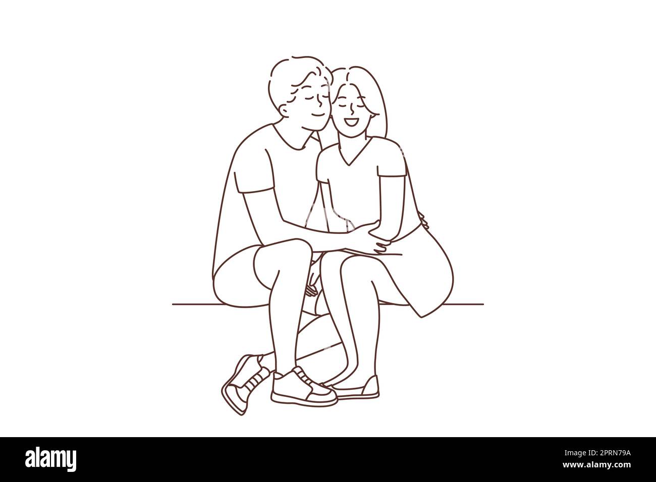 Happy couple sitting on bench hugging. Smiling man and women in love ...