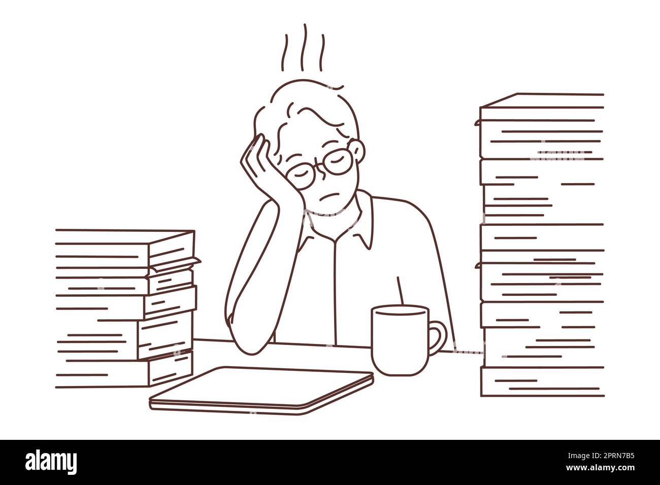 Stressed tired male employee sit at desk feeling sleep overwhelmed with ...