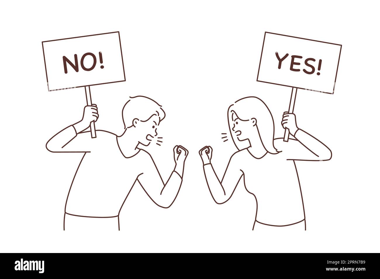 Furious protesters fight on street. Mad man and woman activists with ...