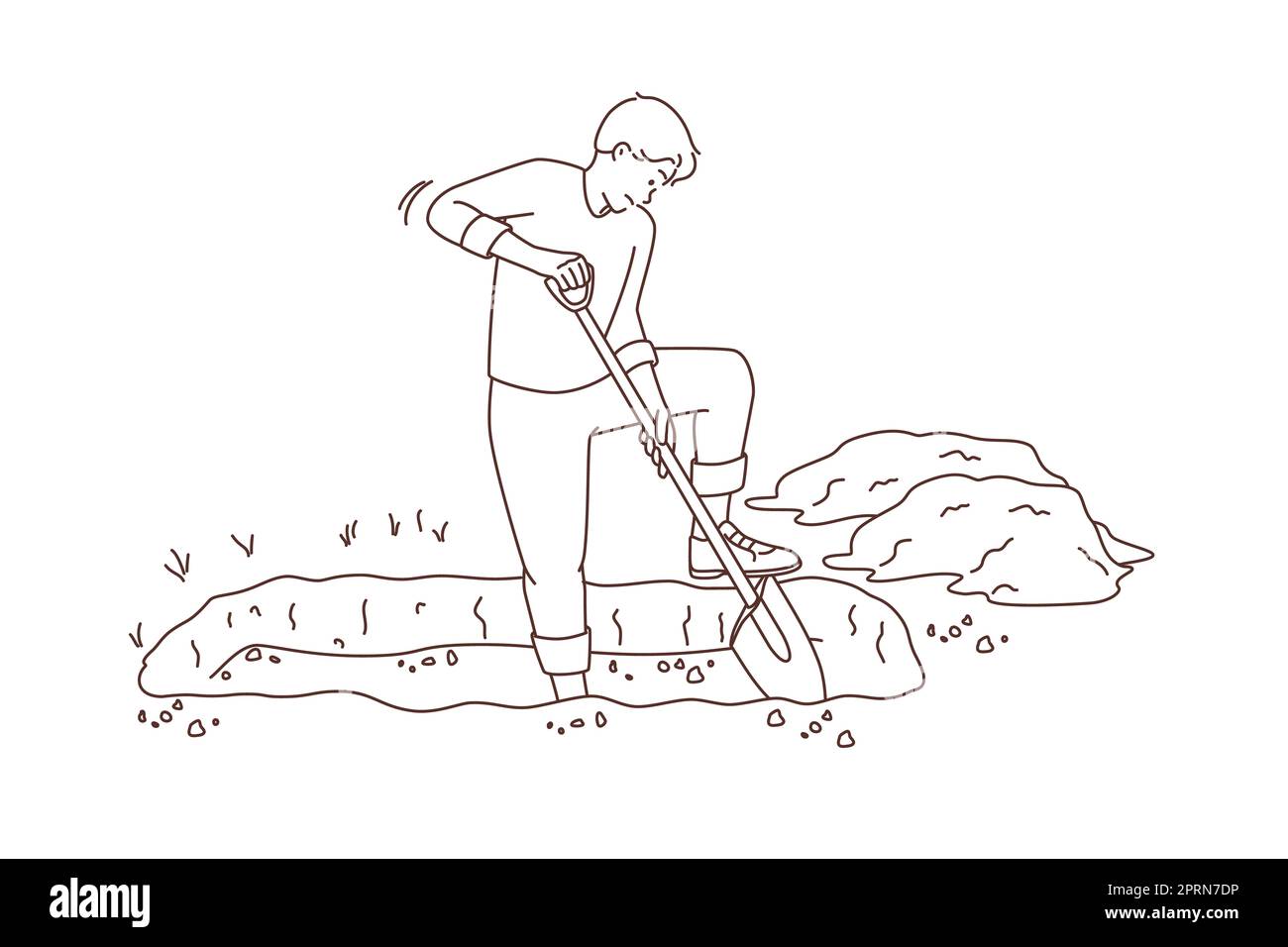 Young man digging grave. Unhappy male work on cemetery ground. Death ...