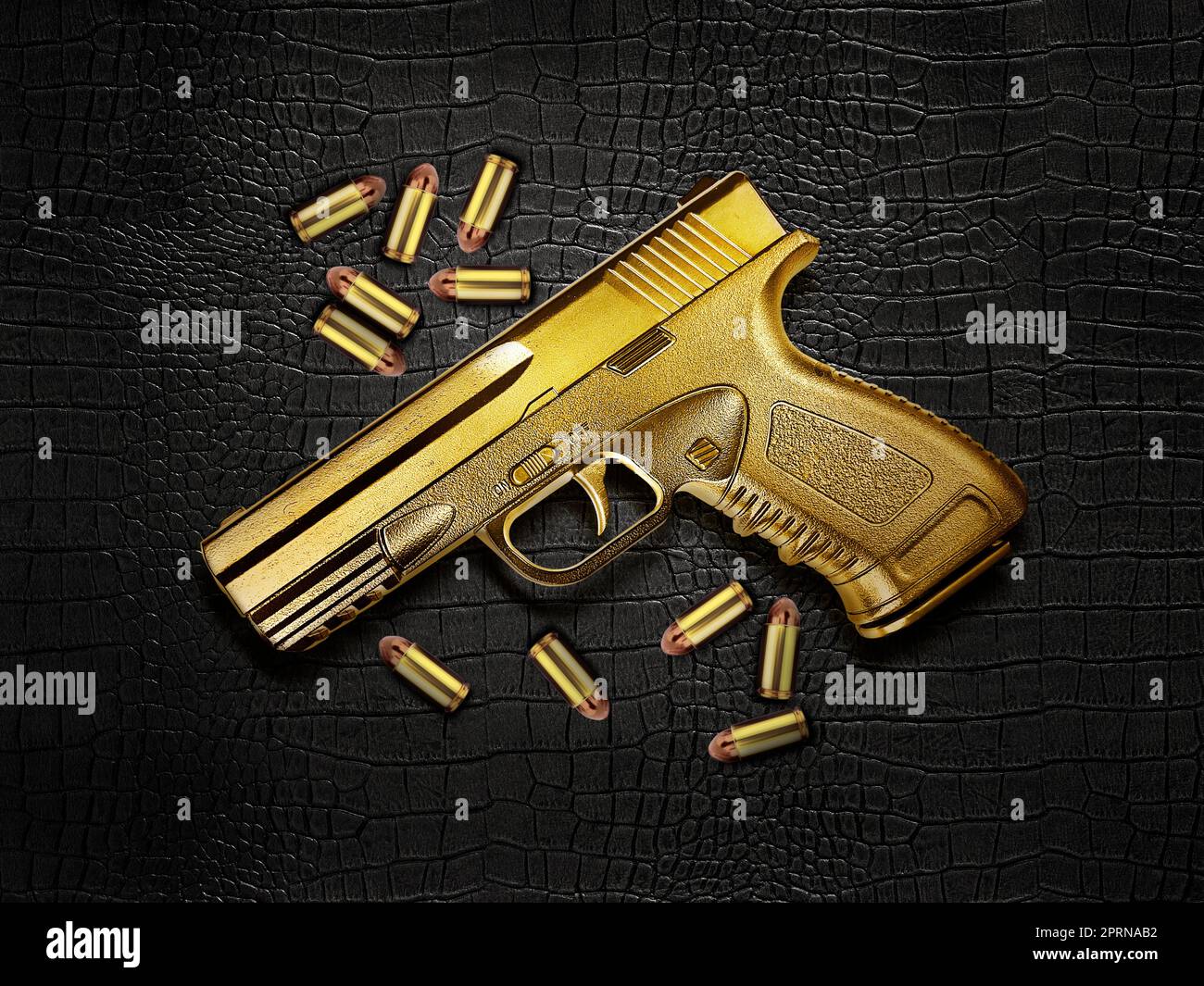 gun gold metal and bullets on a black leather background Stock Photo ...