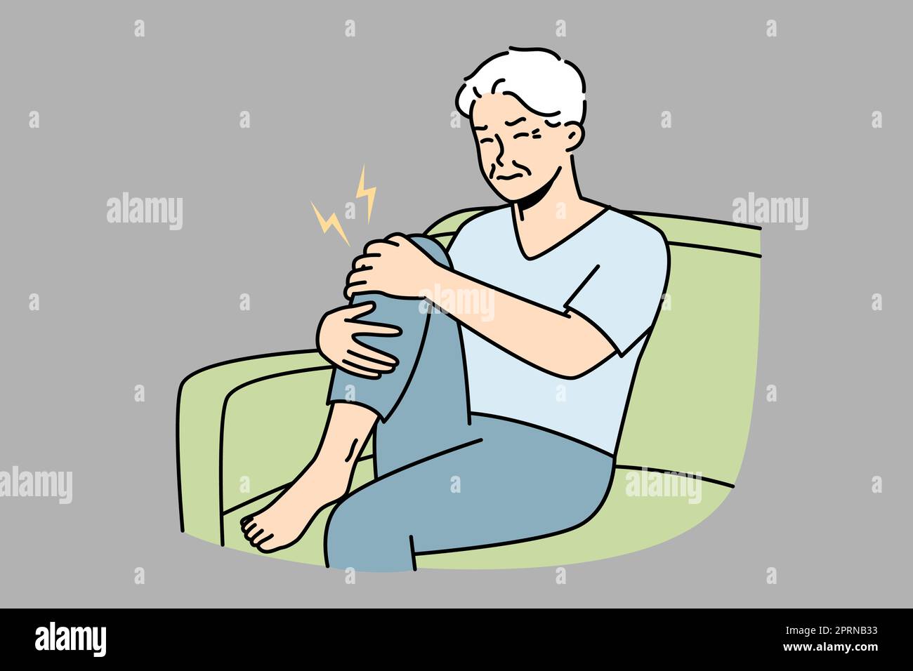 Unhealthy old man sit on couch suffer from knee pain. Unwell sick ...