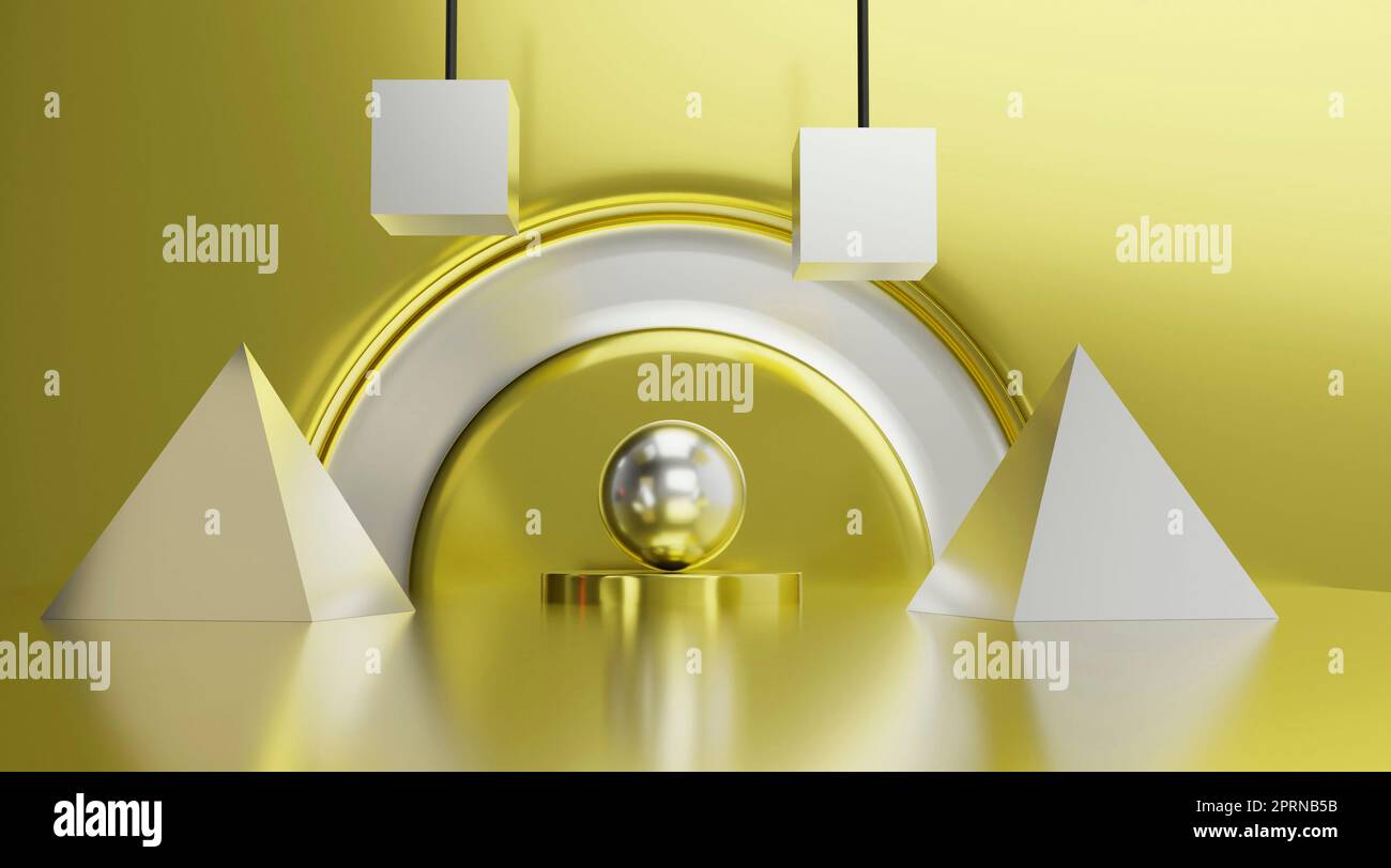 Silver geometric shapes in floor studio room gold. 3d render Stock ...