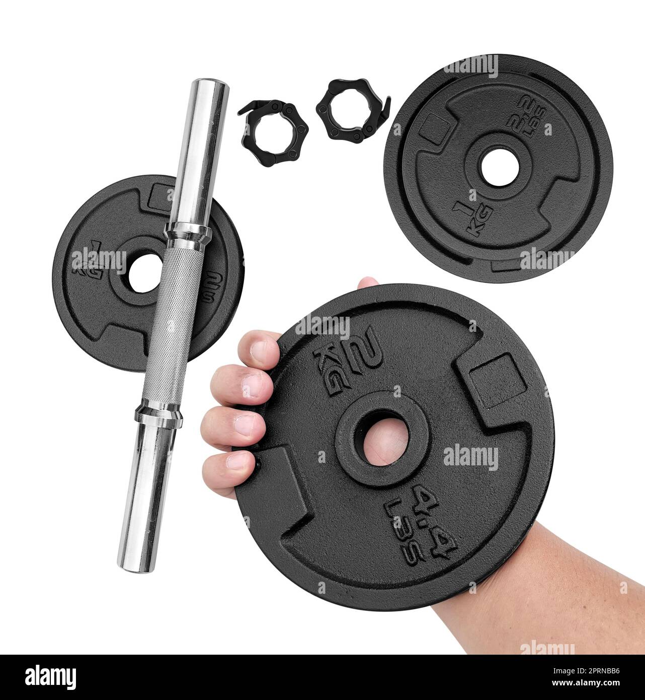 Top view of heavy weight plate with split steel bar on white Stock ...