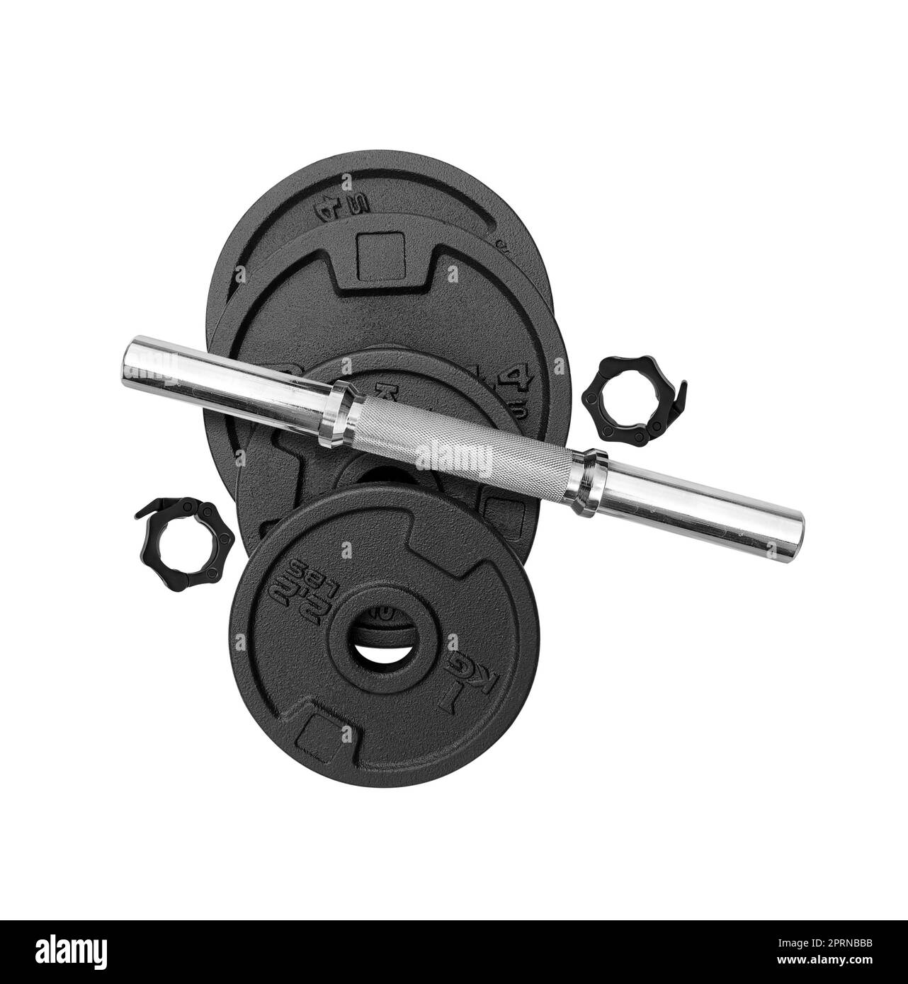 Top view of heavy weight plate with split steel bar on white Stock ...