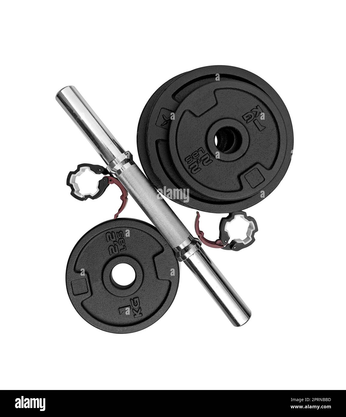 Top view of heavy weight plate with split steel bar on white Stock ...