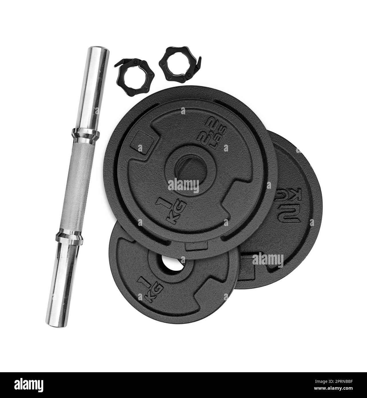 Top view of heavy weight plate with split steel bar on white Stock ...