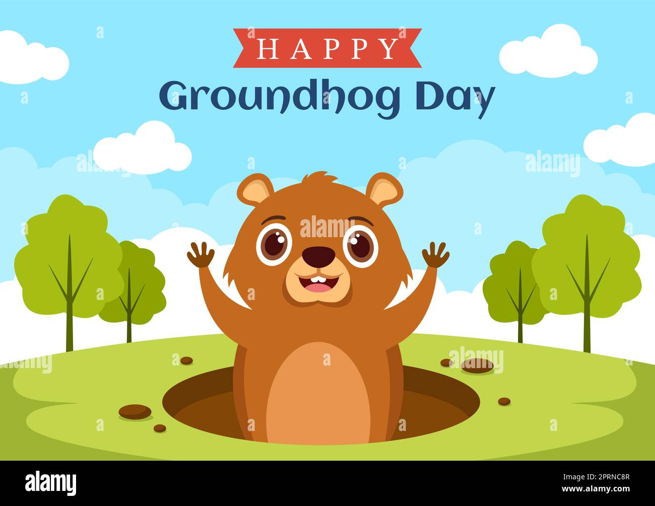 Happy Groundhog Day on February 2 with Cute Marmot Character and Garden ...