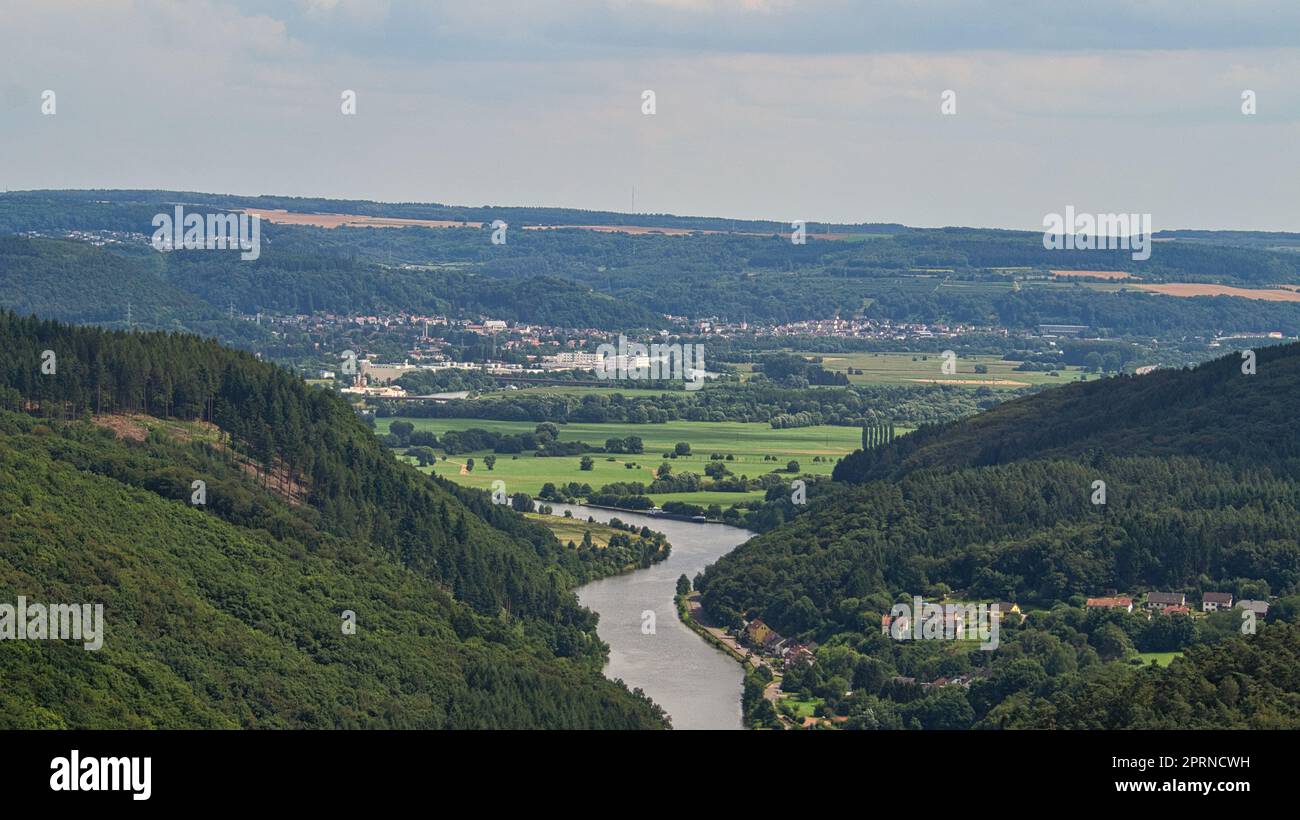 Saarschleife view from tree top walk tower. A lookout tower in Saarland ...