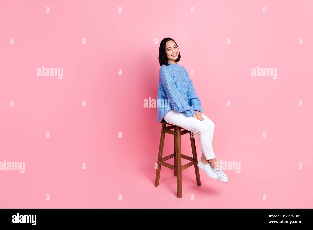 Full size photo of good mood satisfied nice woman dressed knit pullover ...
