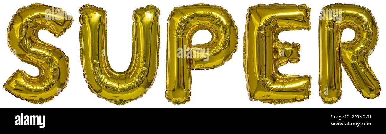 super lettering made with gold metallic balloons isolated on white ...
