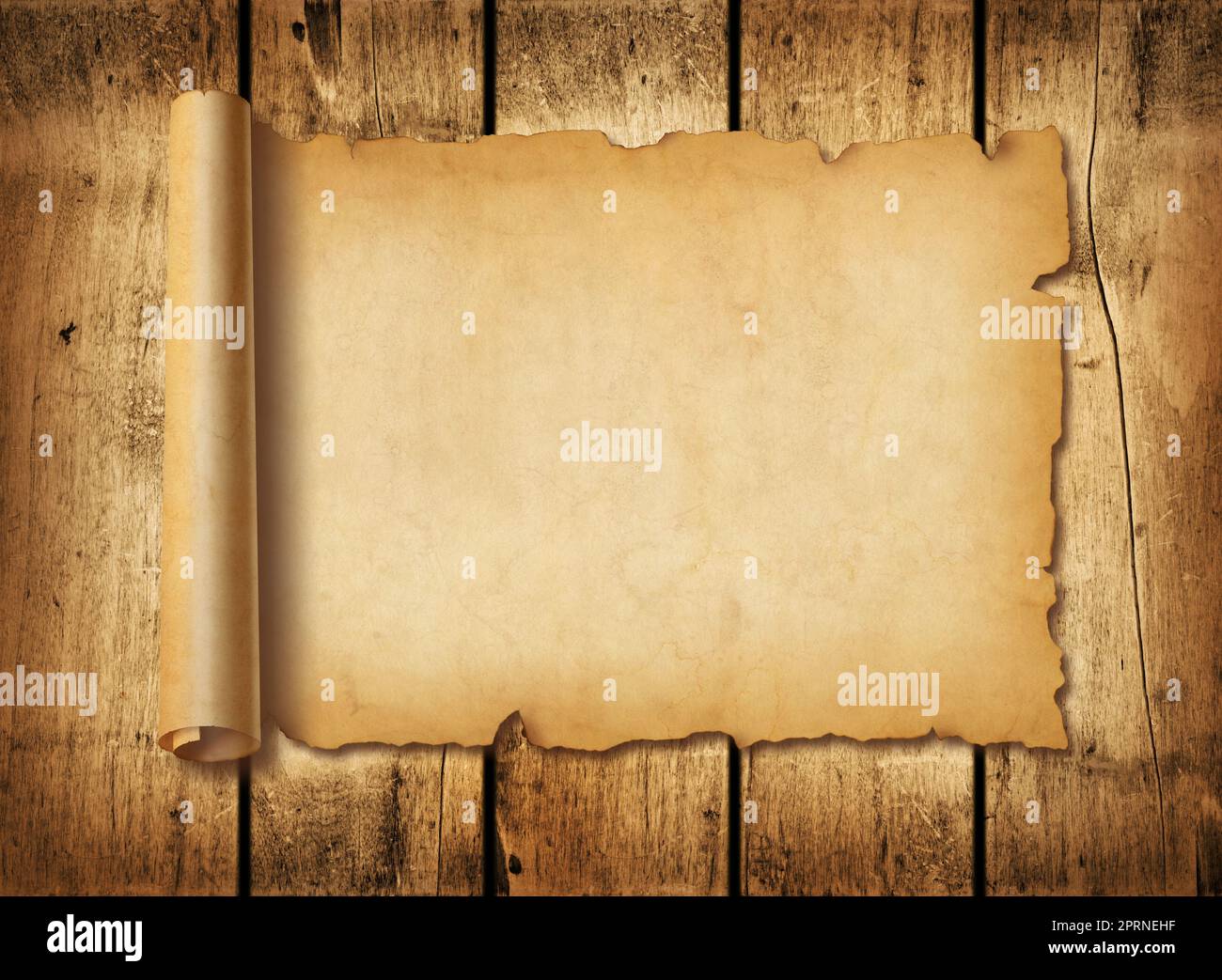 Old mediaeval paper sheet. Horizontal parchment scroll on a wood board ...