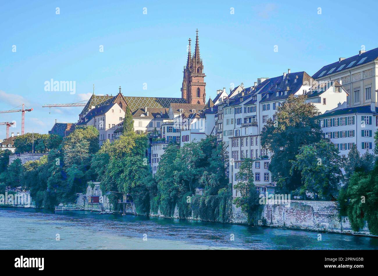 Scenic cityscape of Basel with its famous red sandstone cathedral ...
