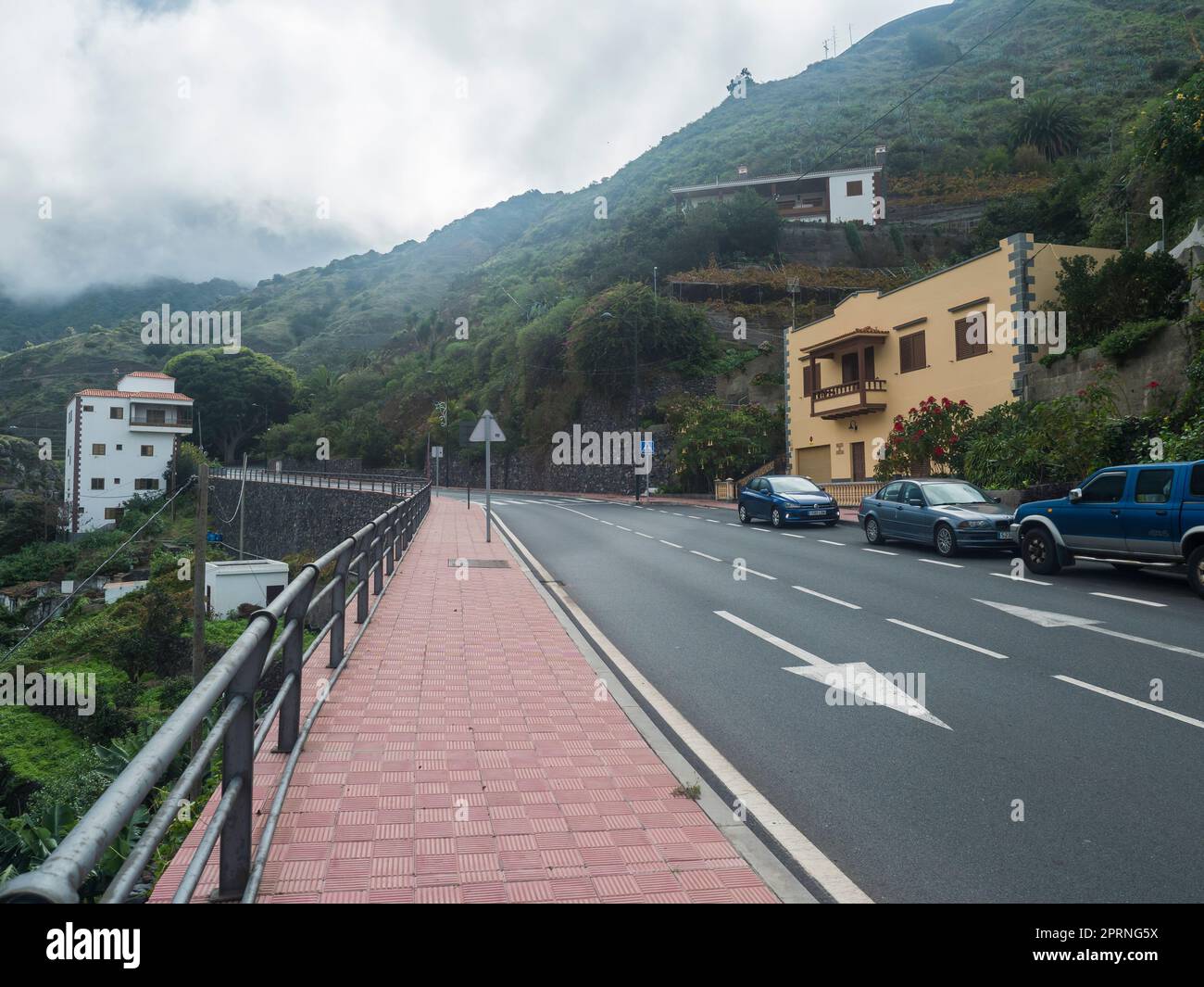 Hermigua, La Gomera, Canary Islands, Spain, december 27, 2021: View of buildings along the road ...