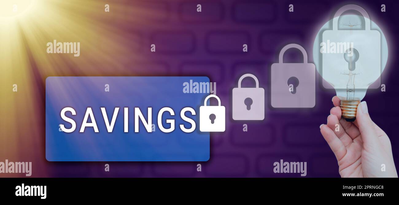 Hand writing sign Savings, Business showcase process of setting aside a ...