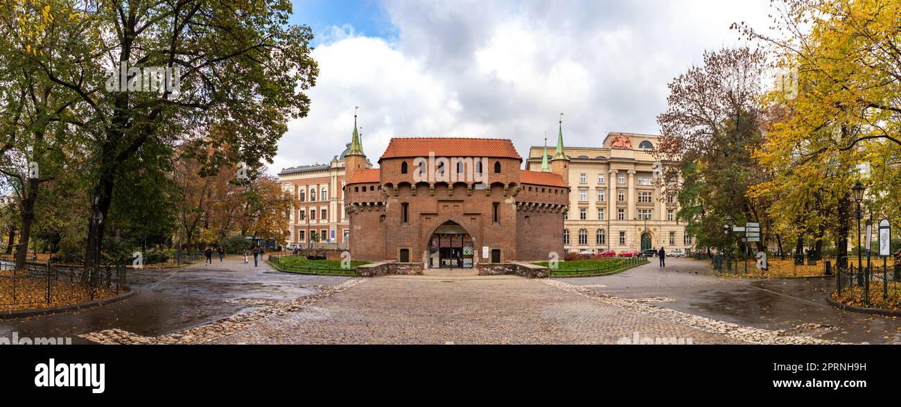 A panorama picture of the Kraków Barbican in the fall Stock Photo - Alamy